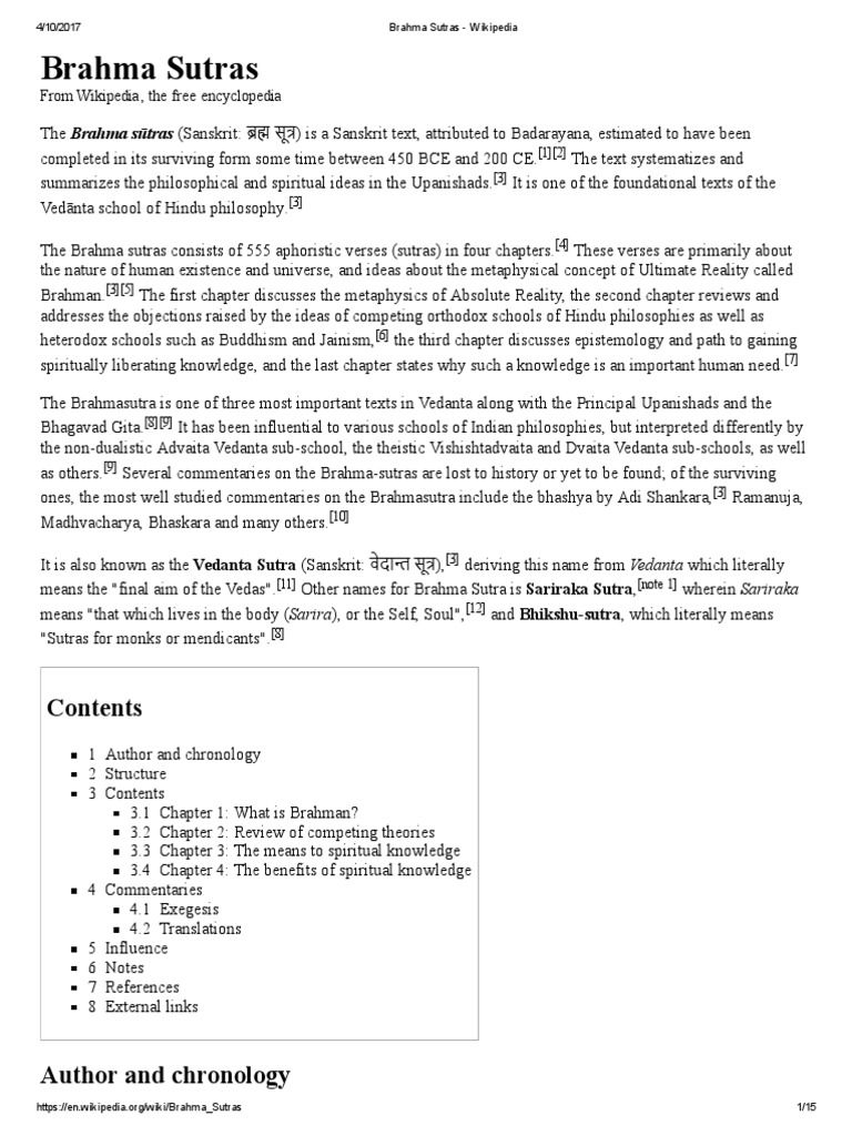Brahma Sutras - Wikipedia | PDF | Vedanta | Brahman