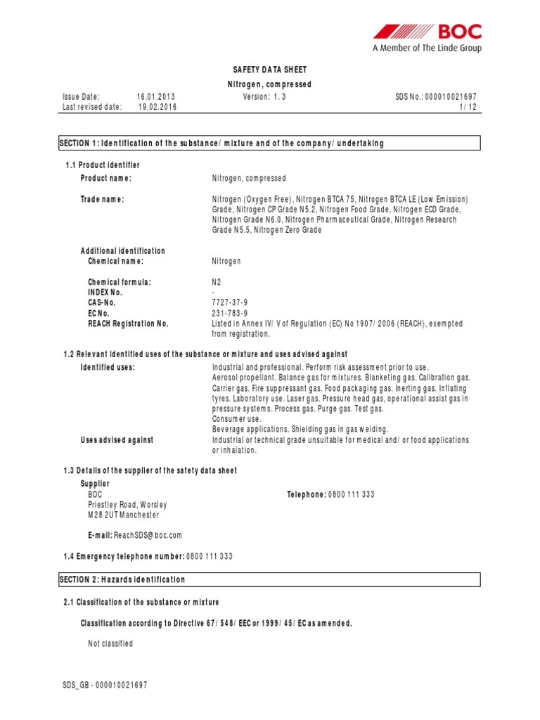 Safety Data Sheet for Nitrogen, Compressed: Hazards and Emergency ...
