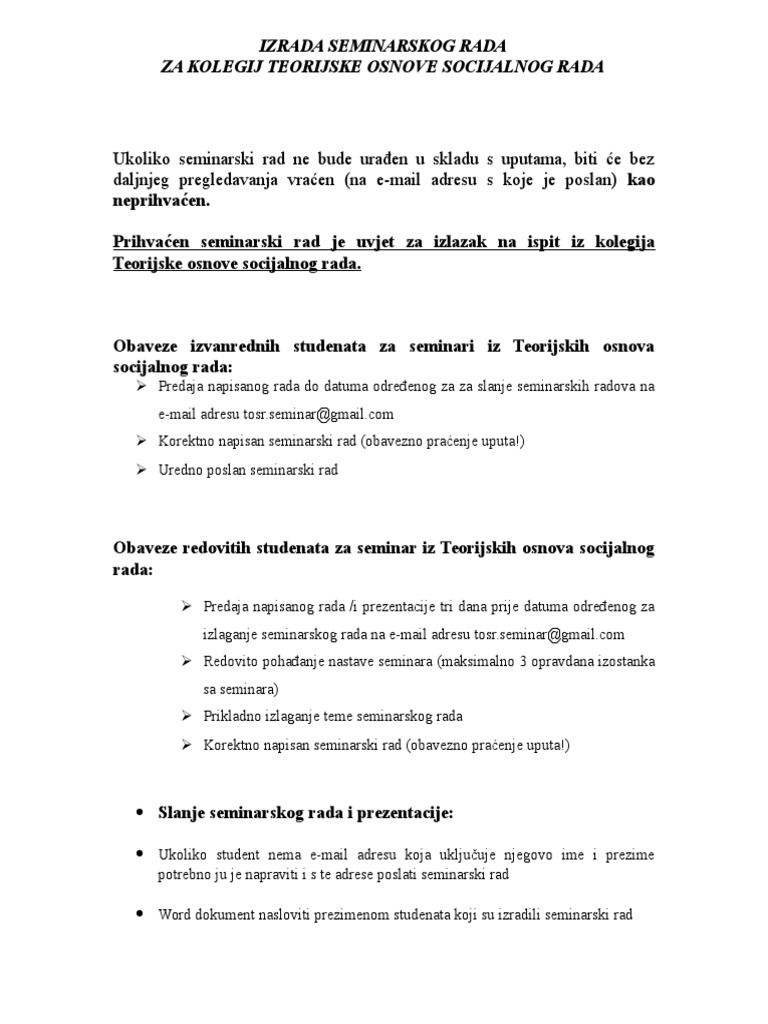 Upute Za Pisanje Seminarskog Rada Iz Kolegija Teorijske Osnove Soc. Rada