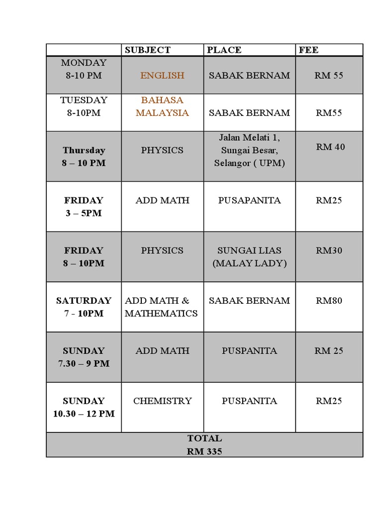 My Weekly Tuition Schedule and Fees - Providing Details on Subjects ...