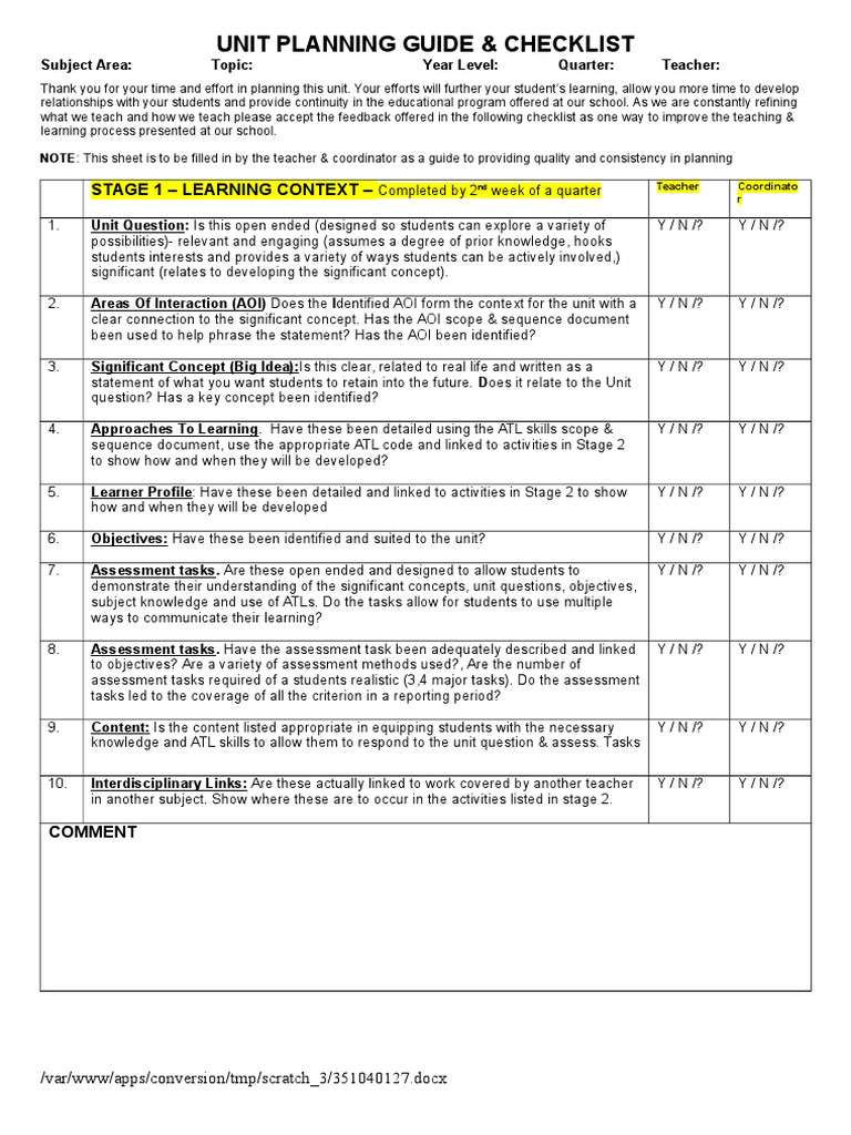 Unit Planning Guide & Checklist | PDF | Educational Assessment ...