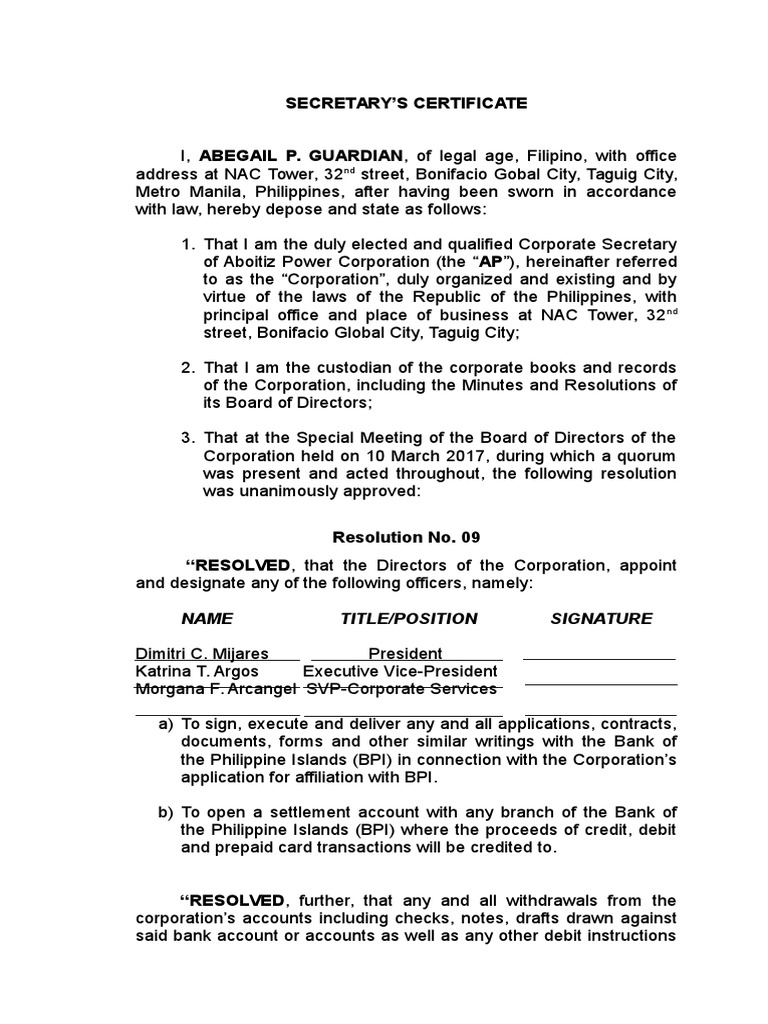 Secretary's Certificate of Board Resolution On Bank Signatories | PDF ...