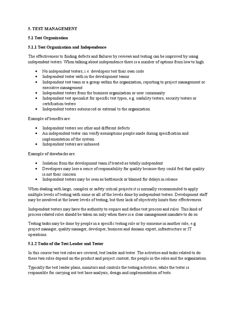 Test Management 5.1 Test Organization 5.1.1 Test Organization and ...