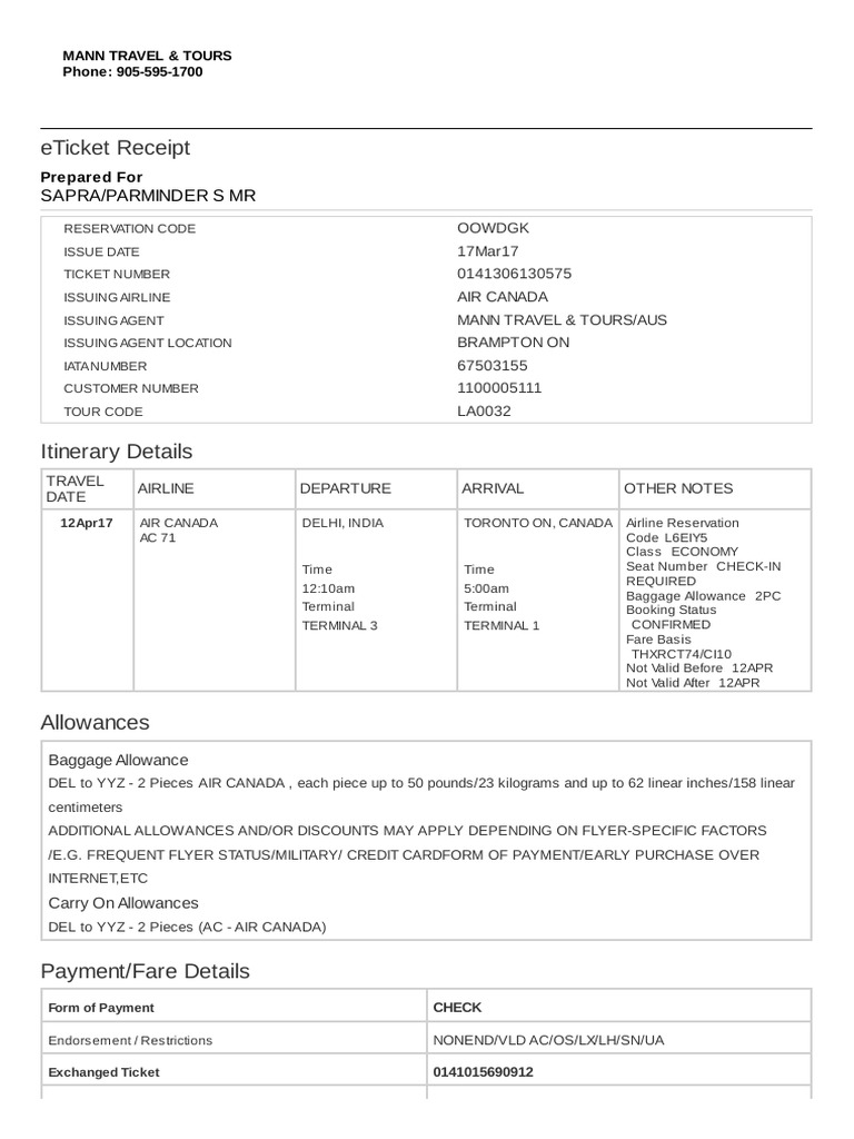 Air Canada eTicket Receipt Details | PDF | Aviation | Services (Economics)