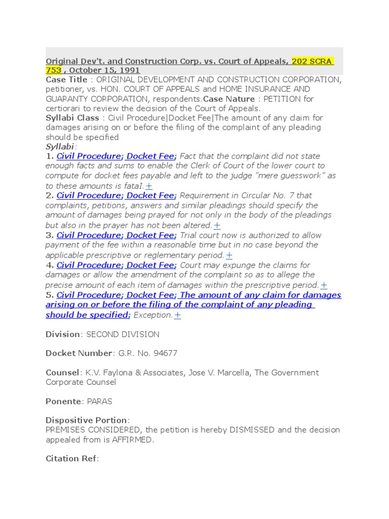 Original Dev't. Corp. vs. Court of Appeals | PDF | Complaint | Pleading