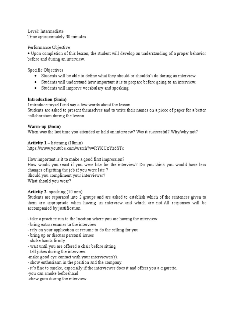 Plan Lectie Interviu | PDF | Job Interview | Labour