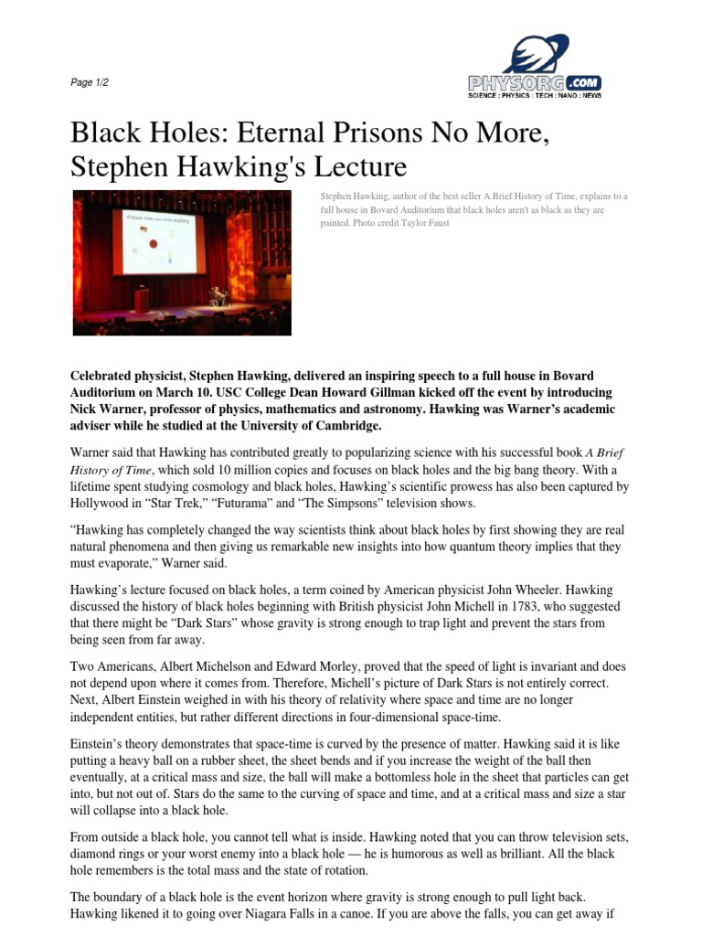 Black Holes Eternal Prisons No More Stephen Hawkings Lecture | PDF | Stephen Hawking | Black Hole
