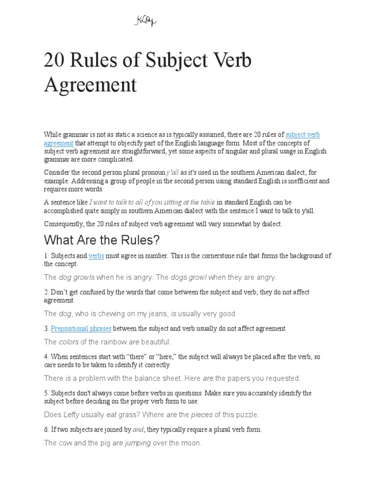 20 Rules of Subject-Verb Agreement | PDF | Grammatical Number | English ...