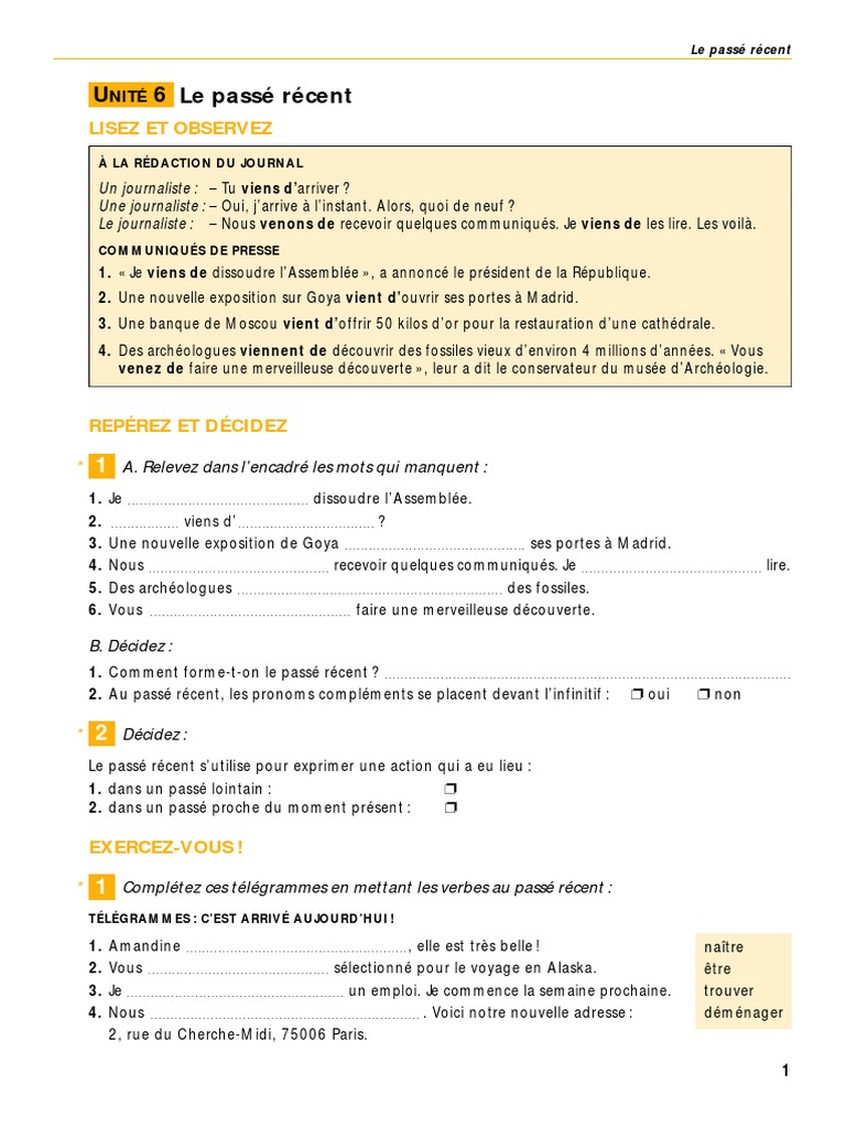 Le Passé Récent PDF | PDF | Grammaire