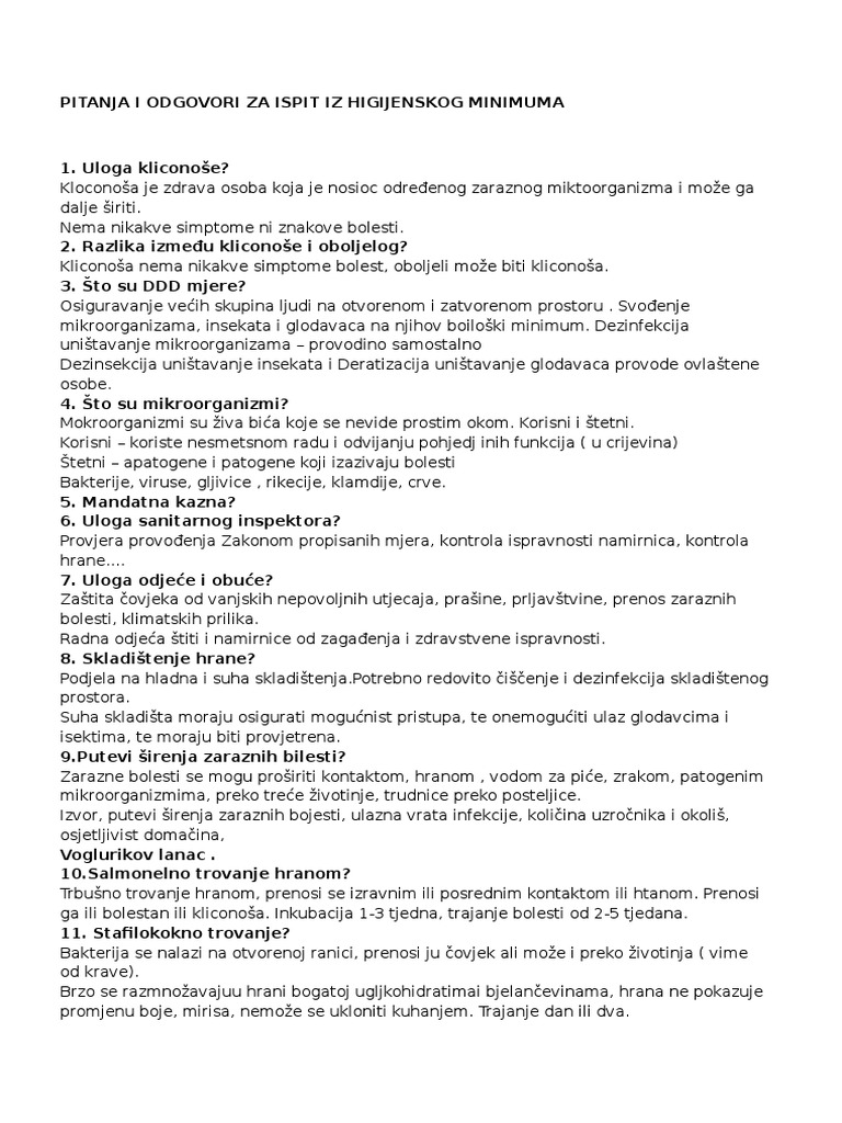 Pitanja I Odgovori Za Ispit Iz Higijenskog Minimuma | PDF