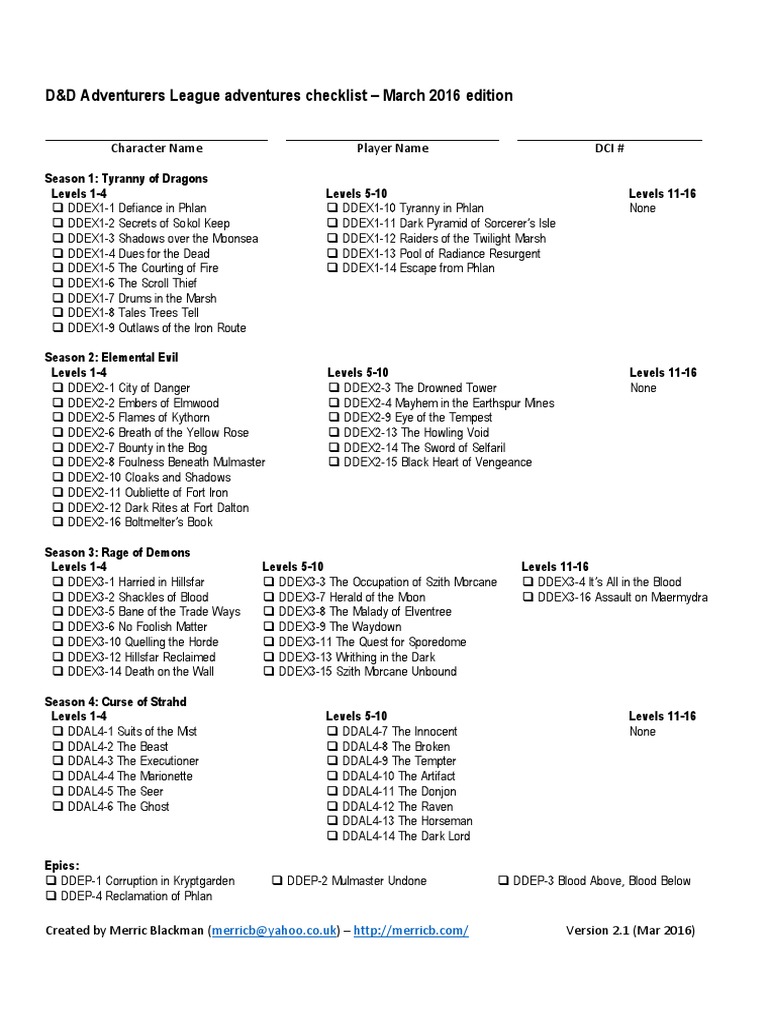 D&D Adventurers League Checklist 2016 | PDF | Fantasy | Leisure