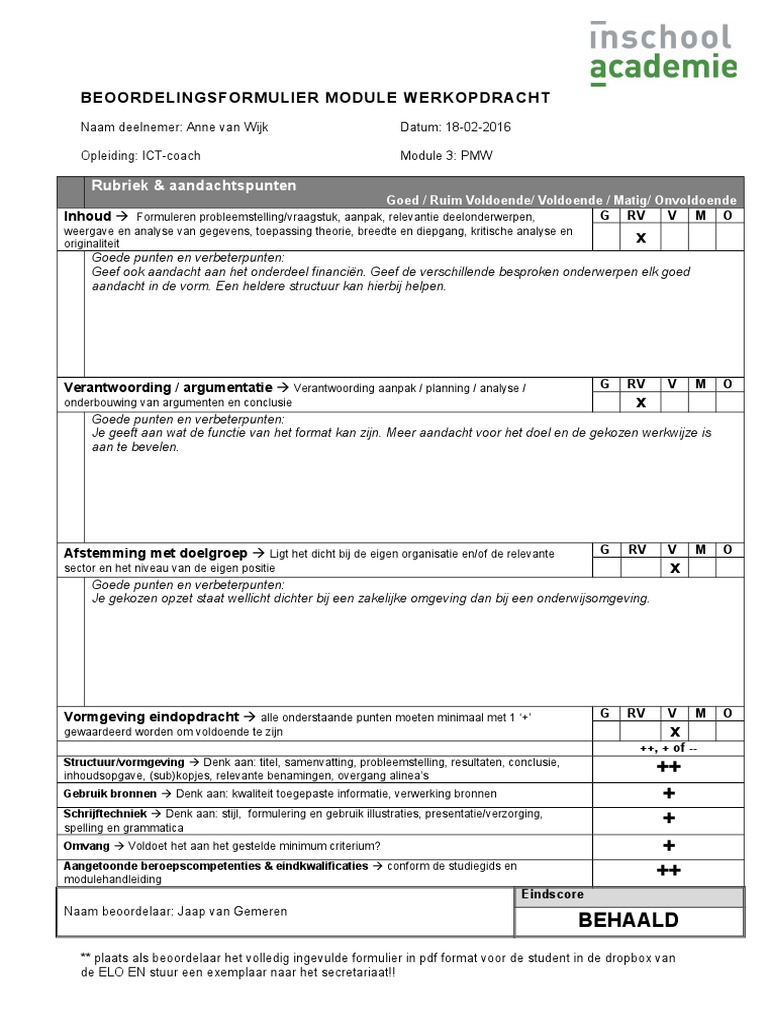 Beoordelingsformulier Module 3 Anne Van Wijk | PDF