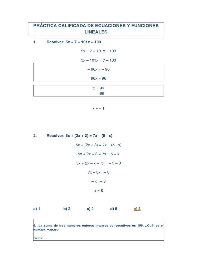 Práctica Calificada de Ecuaciones y Funciones Lineales | PDF