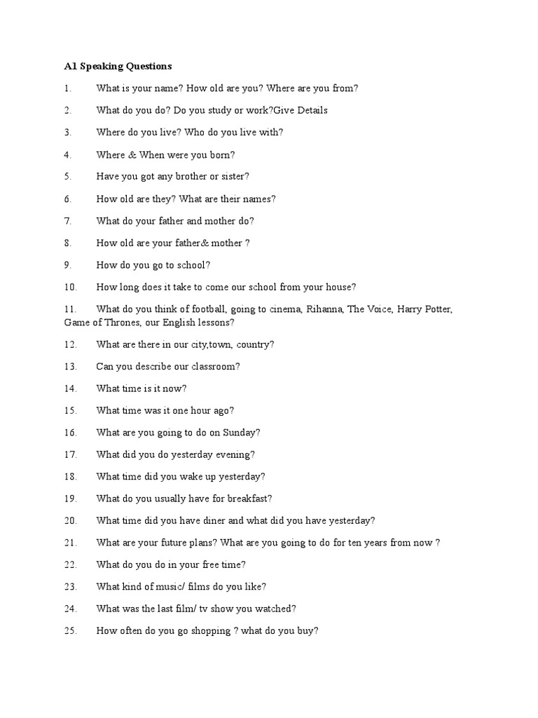 A1 Speaking Questions List for ESL Students | PDF