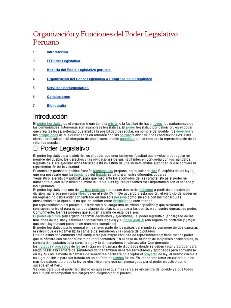 Organización y Funciones Del Poder Legislativo Peruano | PDF ...