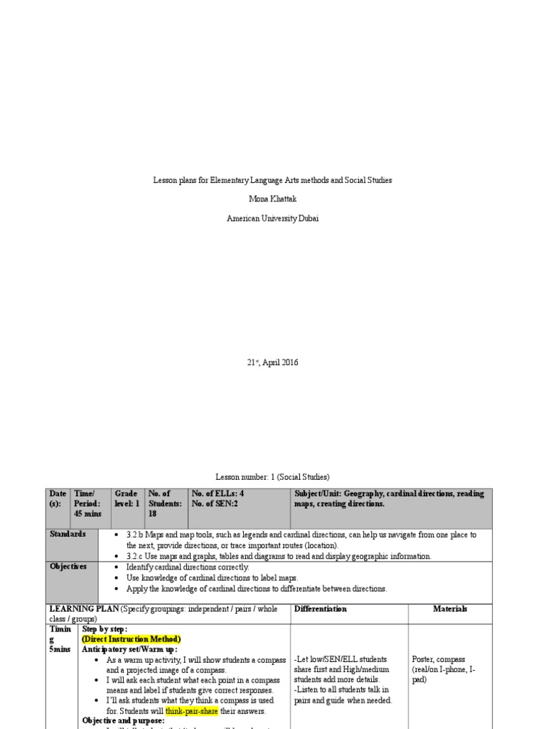 Grade 1 Social Studies: Cardinal Directions Lesson Plans | PDF ...