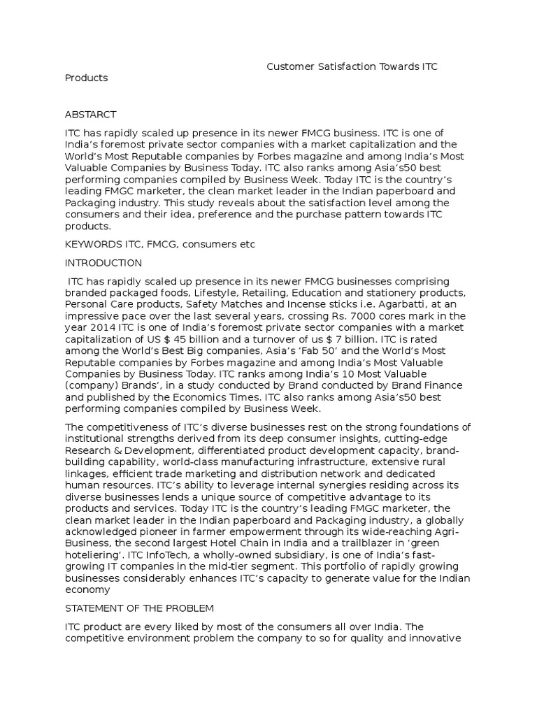 Customer Satisfaction Towards ITC Products | PDF | Consumer Behaviour | Brand