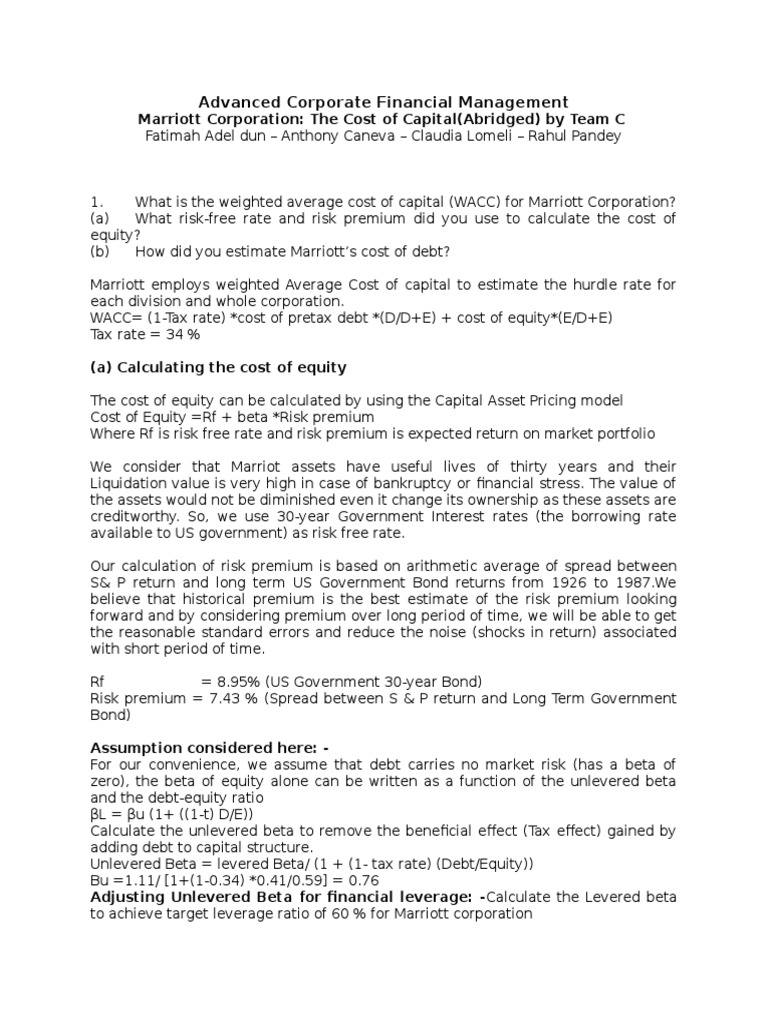 Marriott Case Questions Final Draft | PDF | Cost Of Capital | Beta ...