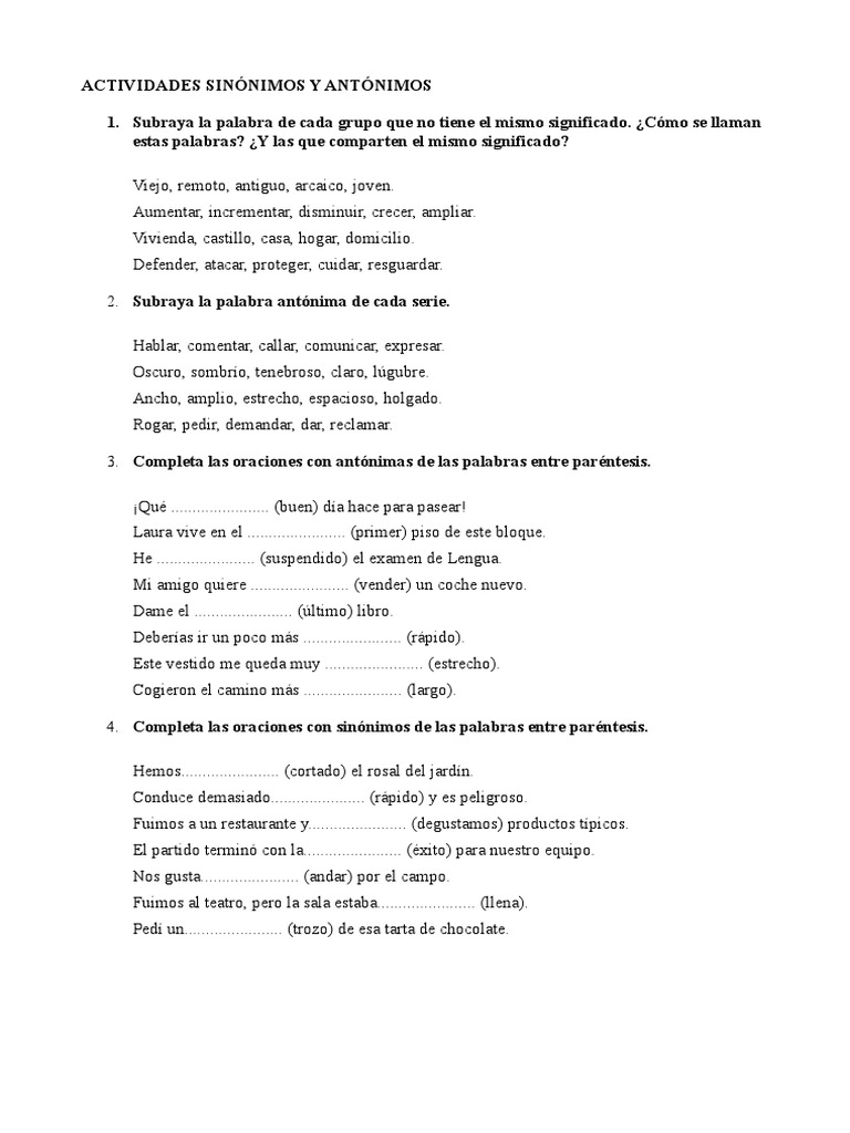 Actividades de Sinónimos y Antónimos | PDF