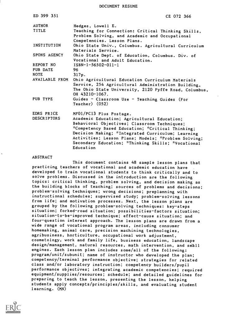 Teaching For Connection: Critical Thinking Skills, Problem Solving, and ...