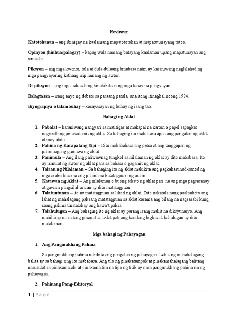 Reviewer - Filipino | PDF