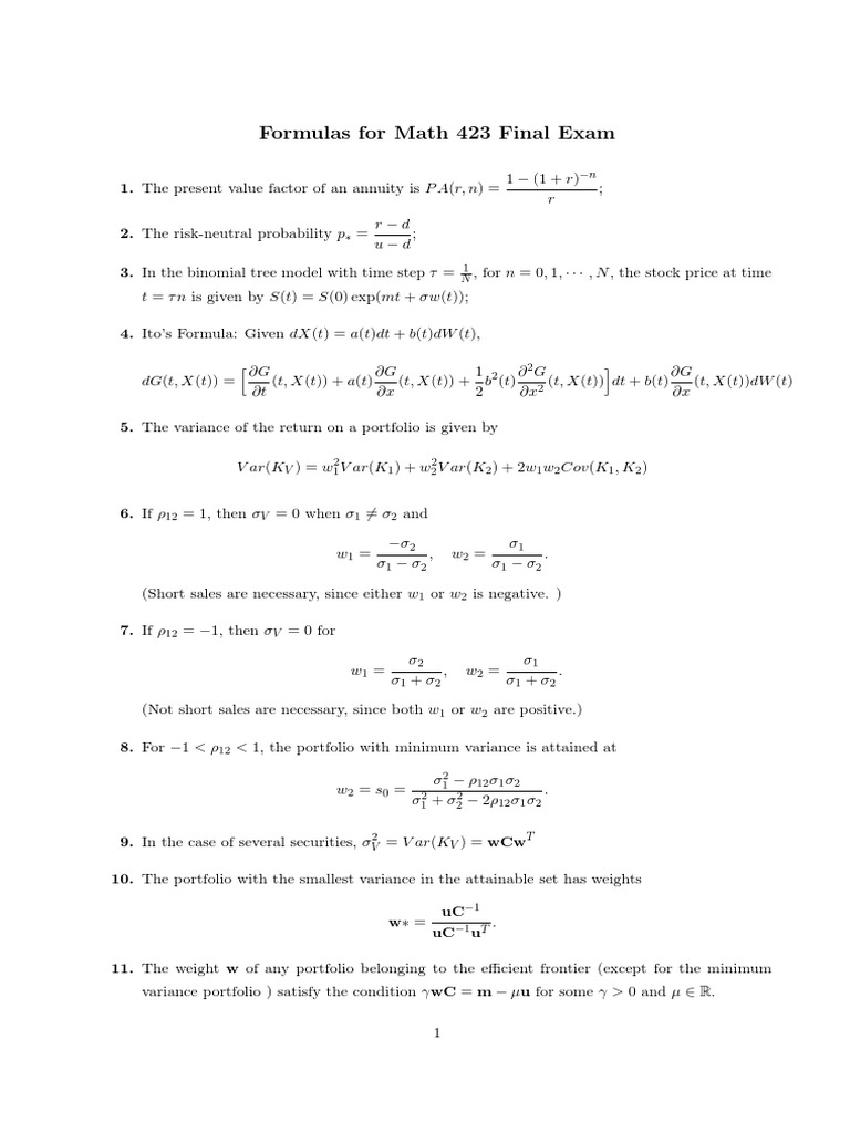Formulas For Math 423 Final Exam | PDF | Option (Finance) | Business ...