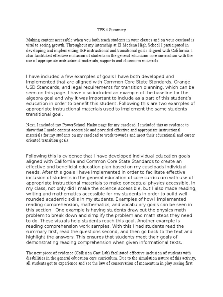 Tpe 4 Summary | PDF | Inclusion (Education) | Curriculum