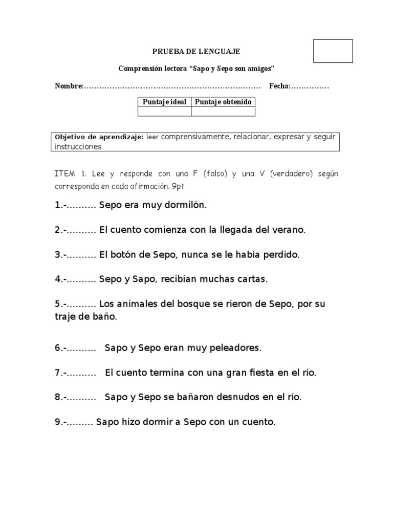 Prueba de comprensión: Sapo y Sepo | PDF | Ficción general
