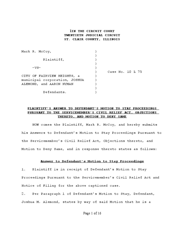 Answer To Defendant Alemond Motion To Stay Proceedings Pursuant To ...