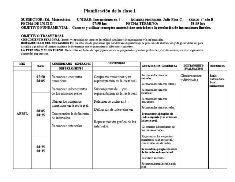 Planificación de La Clase | PDF | Número Real | Conjunto (Matemáticas)