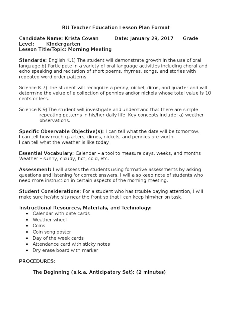 Morning Meeting Lesson Plan | PDF | Educational Assessment | Education ...