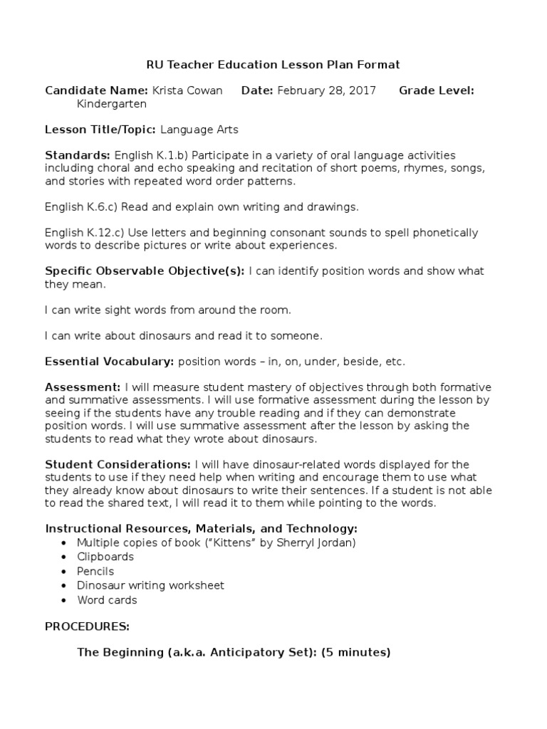 Language Arts Lesson Plan | PDF | Educational Assessment | English Language