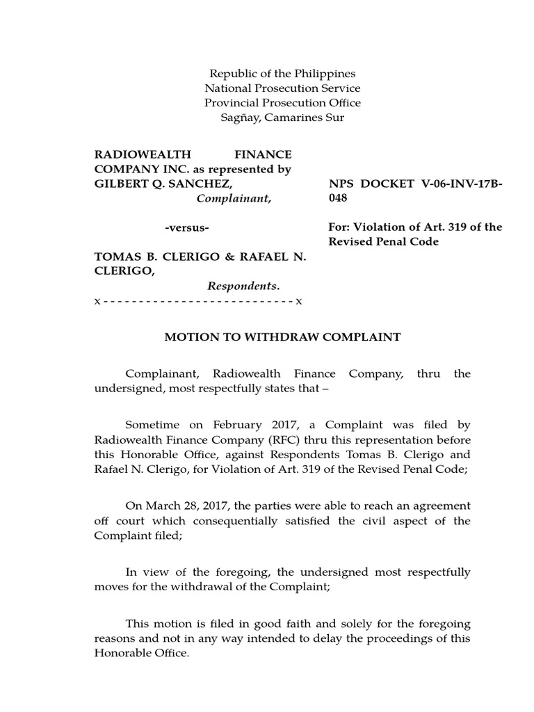 Motion To Withdraw Complaint Before Prosecutor | PDF | Complaint ...