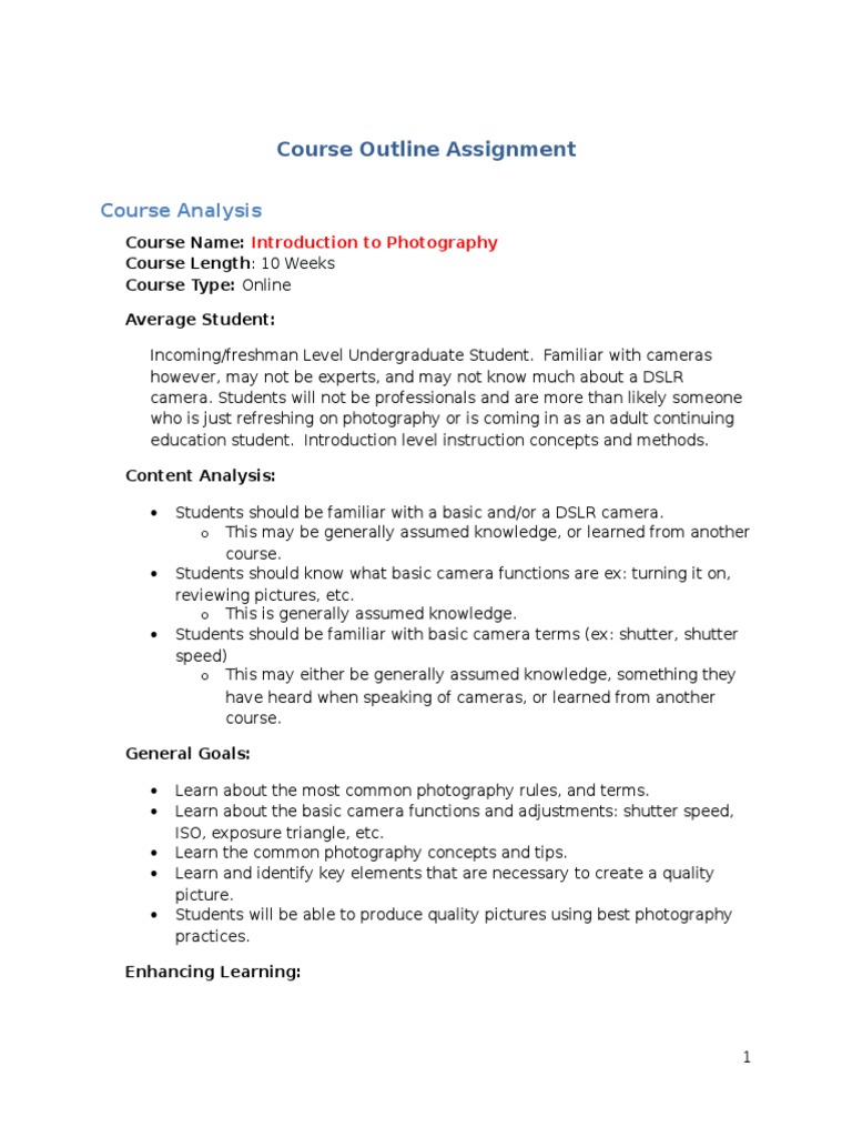Course Outline Final Draft | PDF | Shutter Speed | Camera