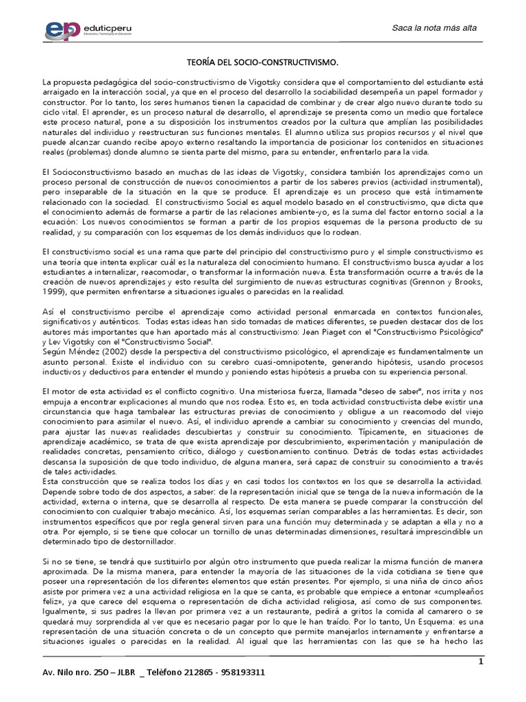 El Socioconstructivismo | PDF | Constructivismo (filosofía de la educación) | Sicología