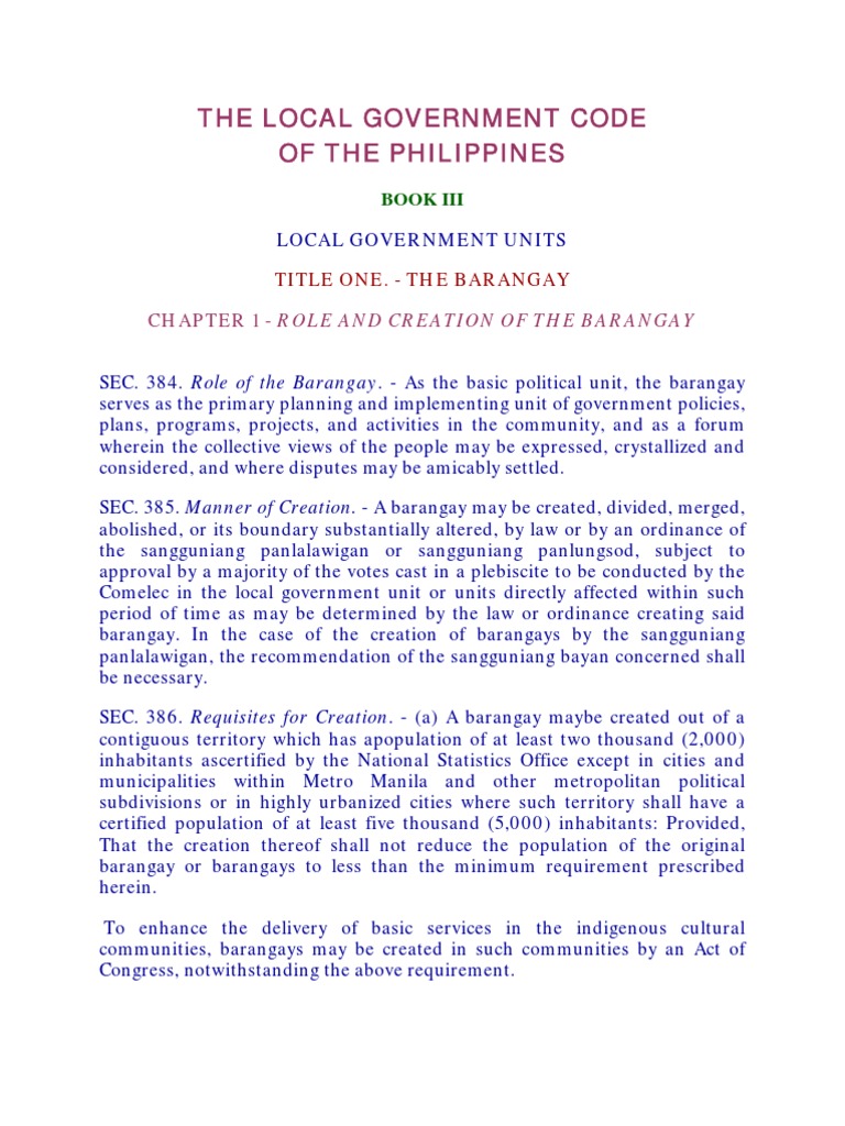 Local Government Code of 1991 Book 3 Local Government Units | Public ...