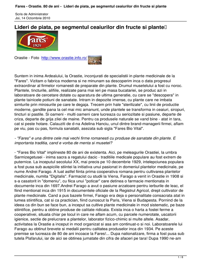 Fares Orastie 80 de Ani Lideri de Piata Pe Segmentul Ceaiurilor Din ...