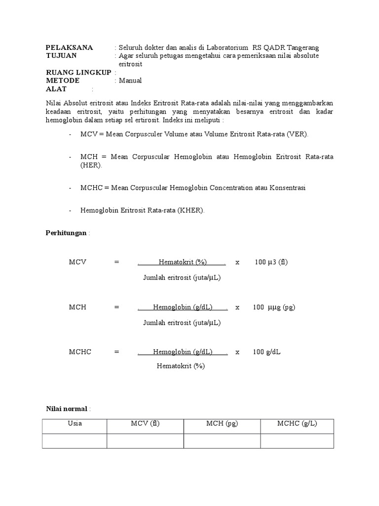 Perhitungan MCV, MCH, dan MCHC Normal | PDF