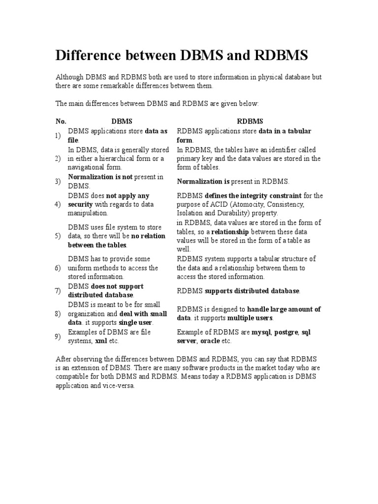 Difference Between Dbms And Rdbms Relational Database Databases 