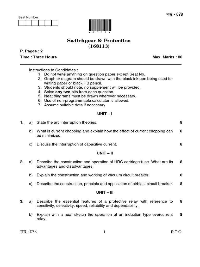 Switchgear and Protection Exam: Questions Covering Construction and ...