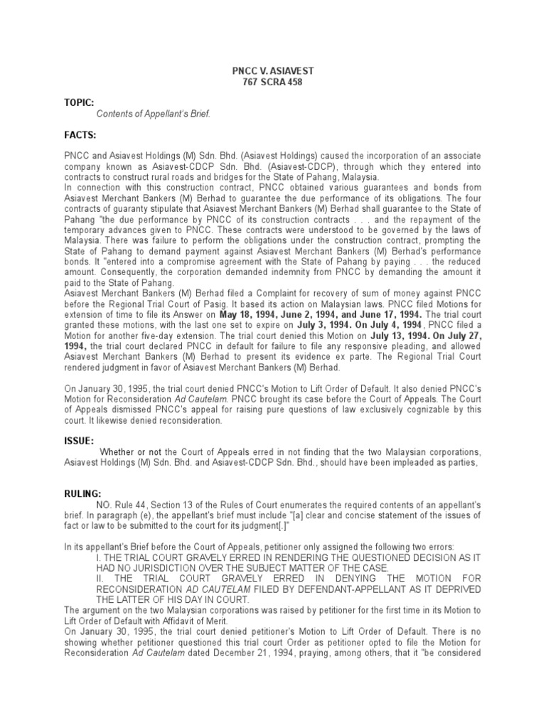 PNCC v. Asiavest | PDF | Brief (Law) | Lawsuit