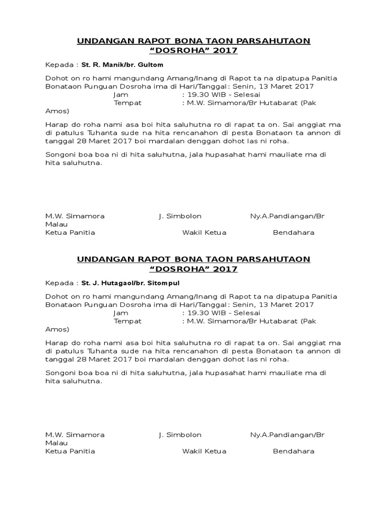 Undangan Rapot Bona Taon Parsahutaon | PDF