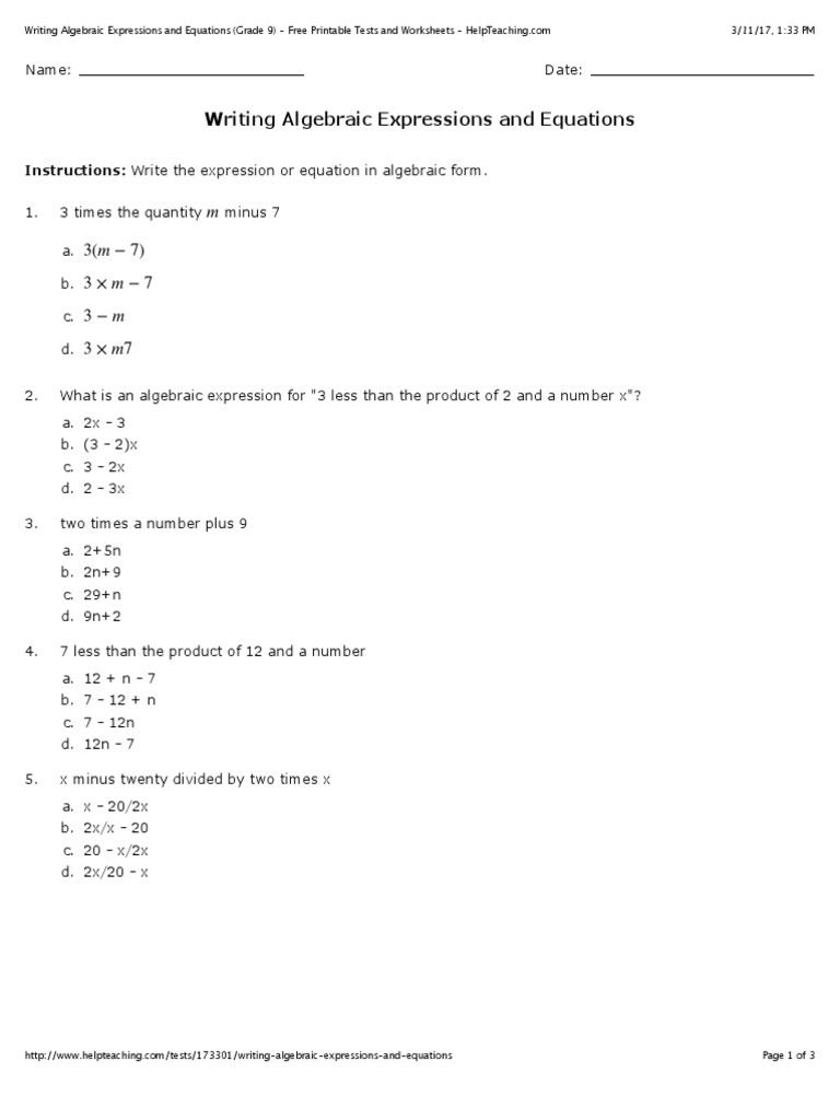 Grade 9 Algebraic Expressions Guide | PDF | Equations | Government Finances