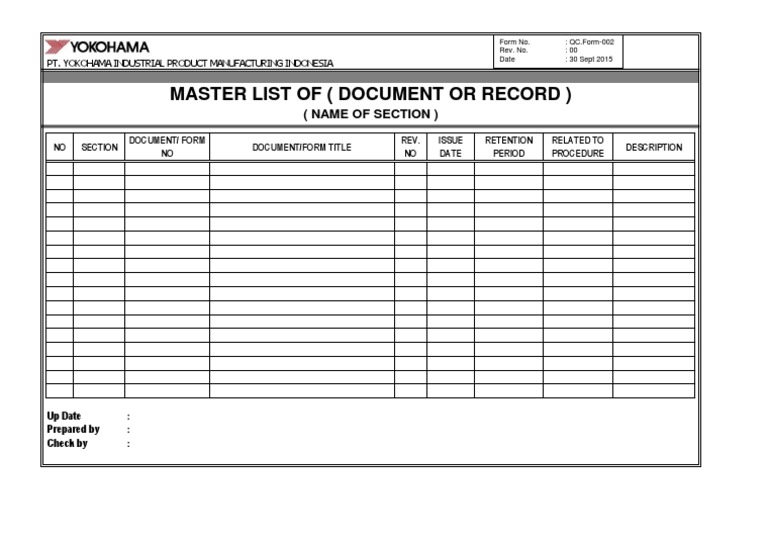 QC form 002 Form Master List Of Document Or Record 