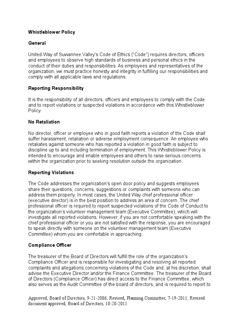 Whistleblower Policy | PDF | Whistleblower | Audit Committee