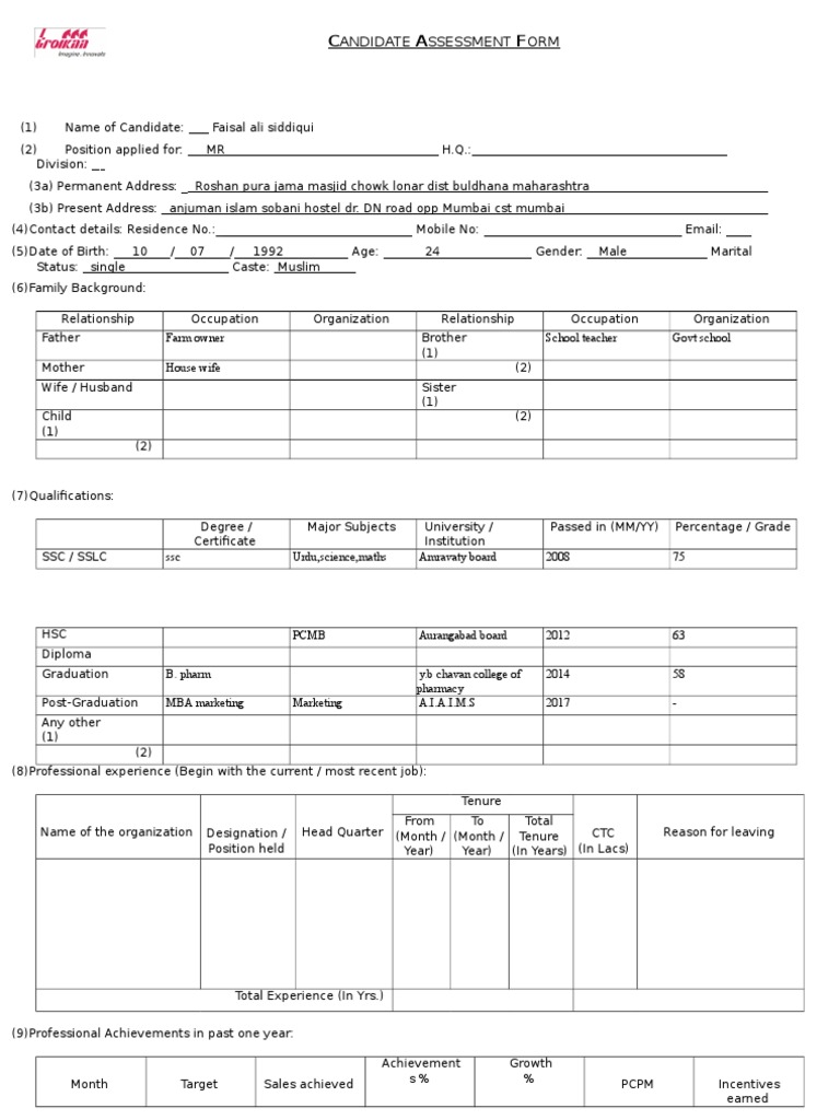 Candidate Assessment Form SummaryDOCUMENT CANDIDATE ASSESSMENT FORM ...