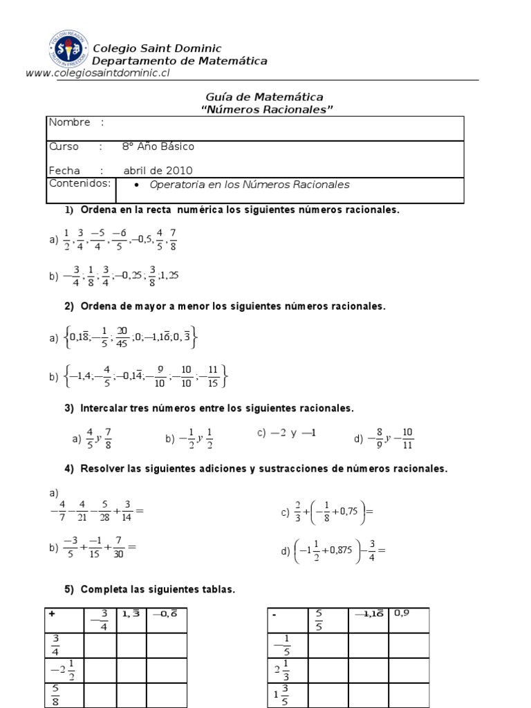 Guía de Números Racionales 8° Básico | PDF | Matemática Elemental ...