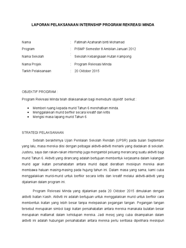 Laporan Pelaksanaan Internship Program Rekreasi Minda | PDF | Karier & Perkembangan