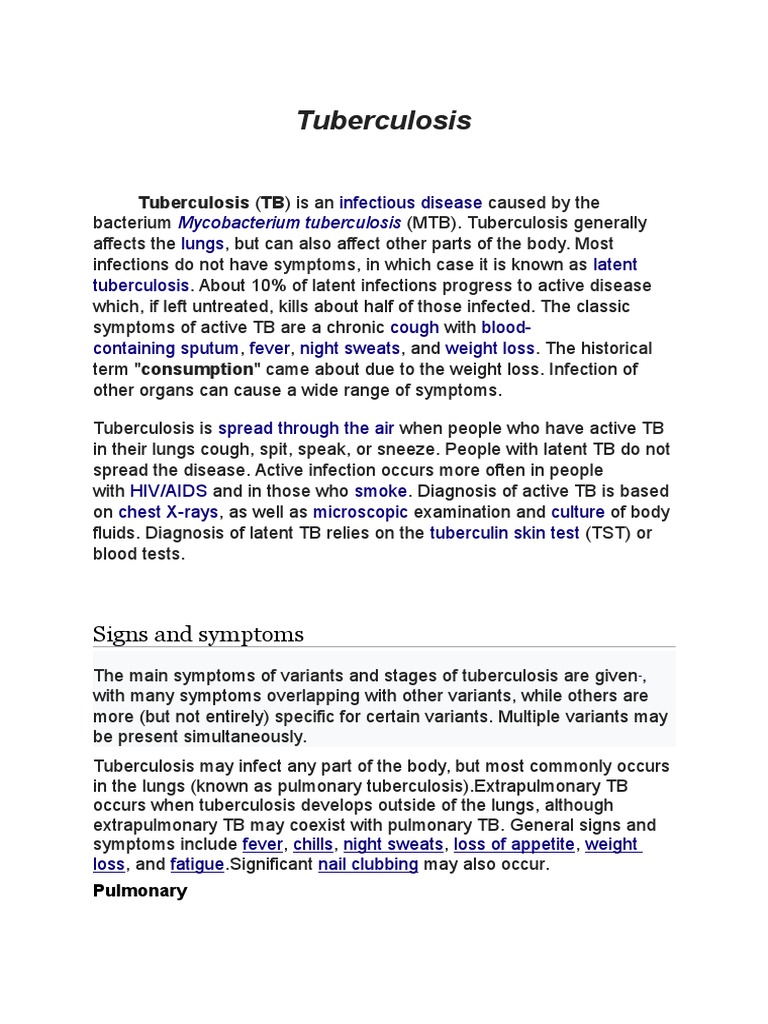 Tuberculosis: Signs and Symptoms | PDF | Tuberculosis | Clinical Pathology