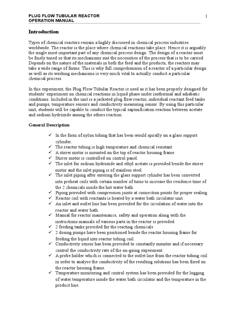 Plug Flow Tubular Reactor | PDF | Chemical Reactor | Stoichiometry
